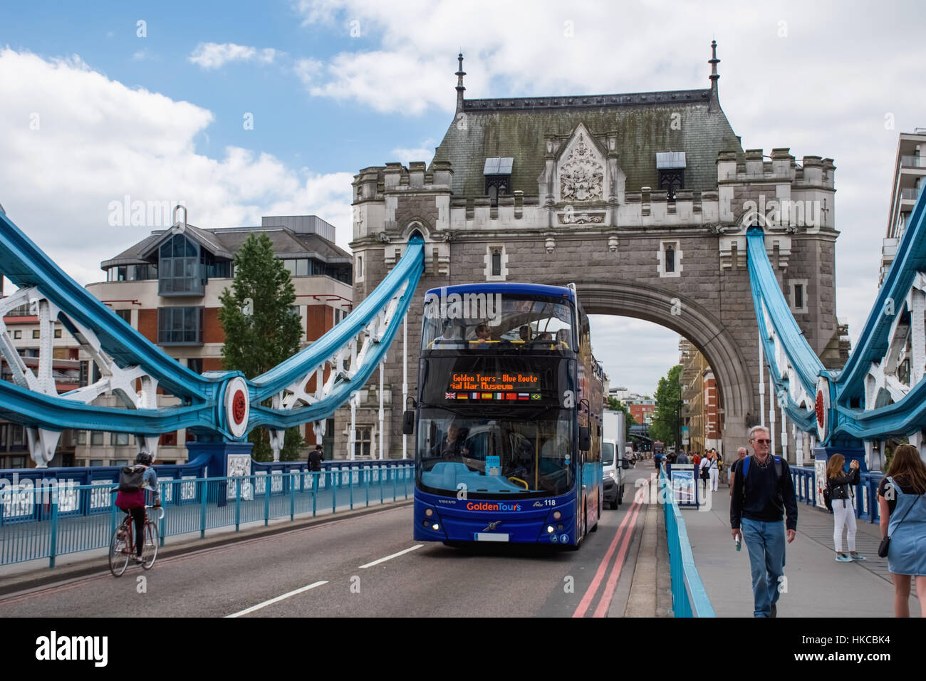 Tour bus crossing Tower Bridge; London, England Stock Photo - Alamy
