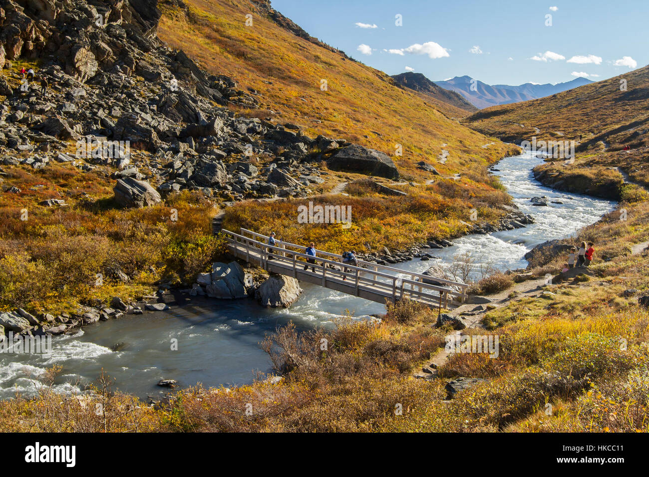 Hikers on the bridge over Savage River in autumn, Denali National Park ...