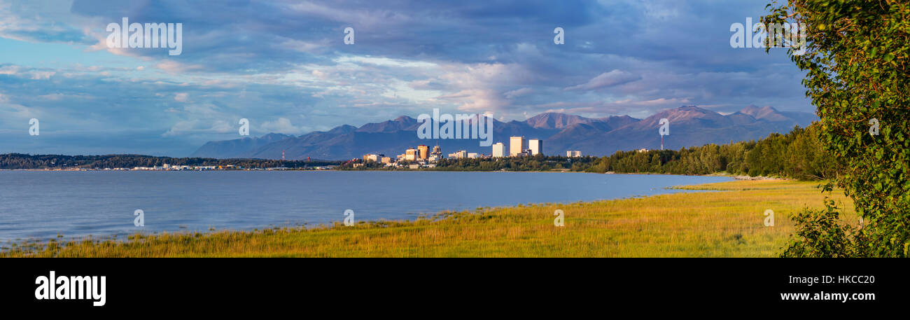 Panoramic view of downtown Anchorage during an atmospheric sunset as ...