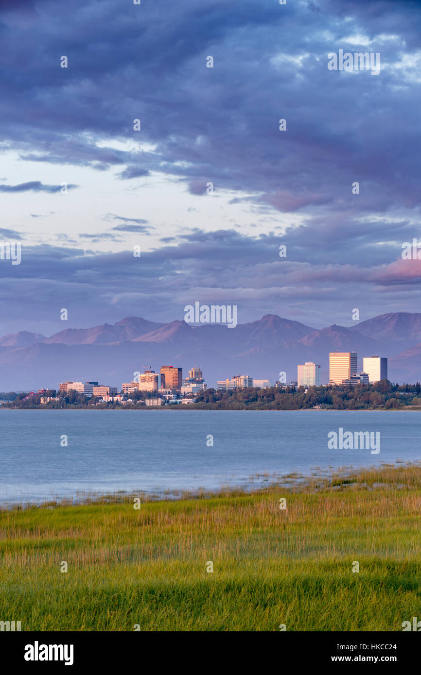 View of downtown Anchorage during an atmospheric sunset as seen from ...