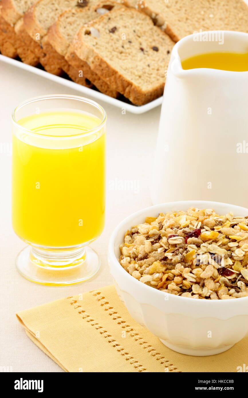 delicious breakfast with orange juice, whole grain bread and a healthy ...