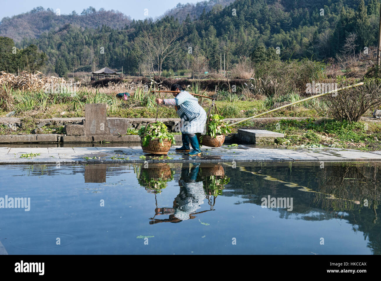 A farmer and her vegetables in the ancient village of Xidi, Anhui ...