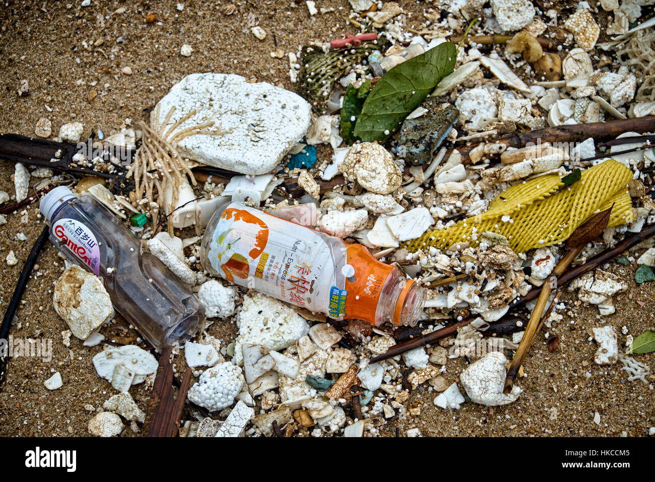 HONG KONG - JULY 18: After a storm, a mix of polystyrene, PET and ...