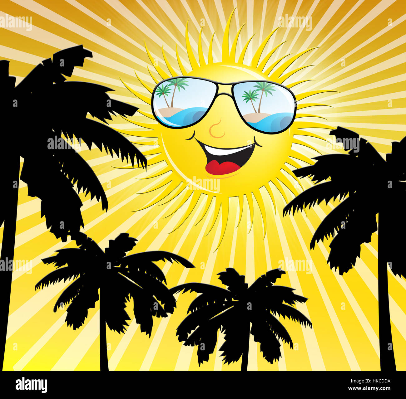 Smiling Sun And Palm Trees Shows Hot Weather 3d Illustration Stock ...