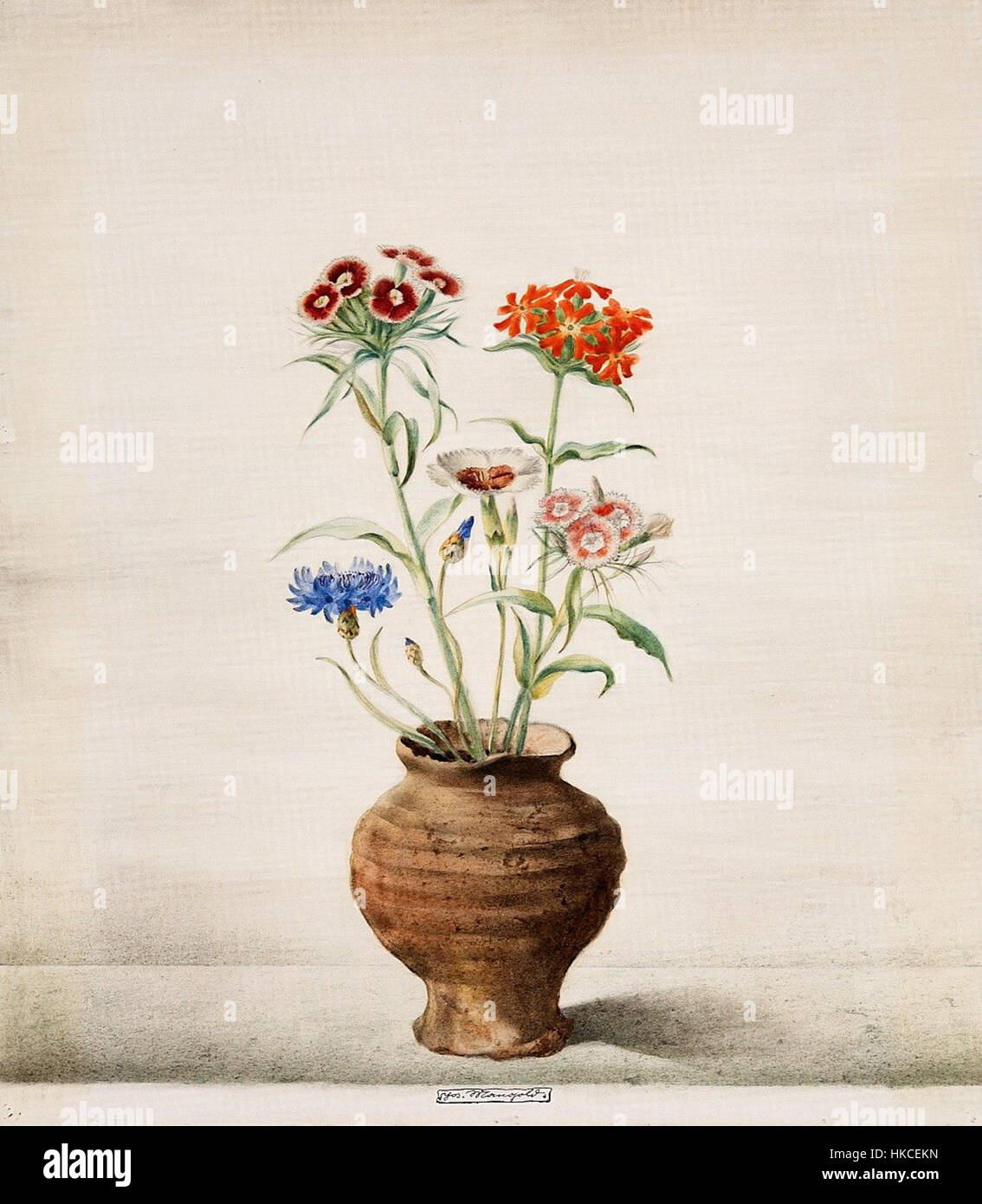 Joseph Mangold’s *Blumen im Tonkrug* (Flowers in a Clay Jug) depicts a ...