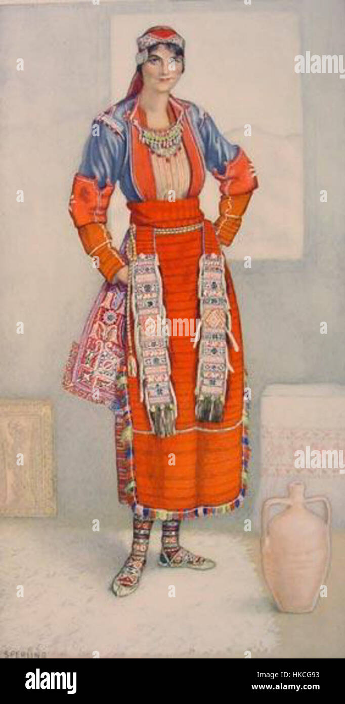 This artwork depicts a traditional Macedonian Greek costume, featuring ...