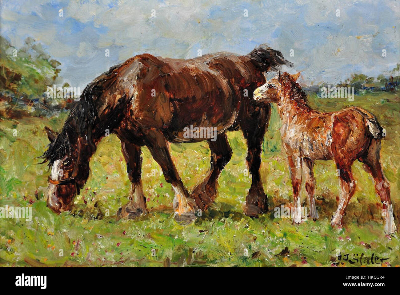 This painting of a mare with its foal captures a tender moment in the ...
