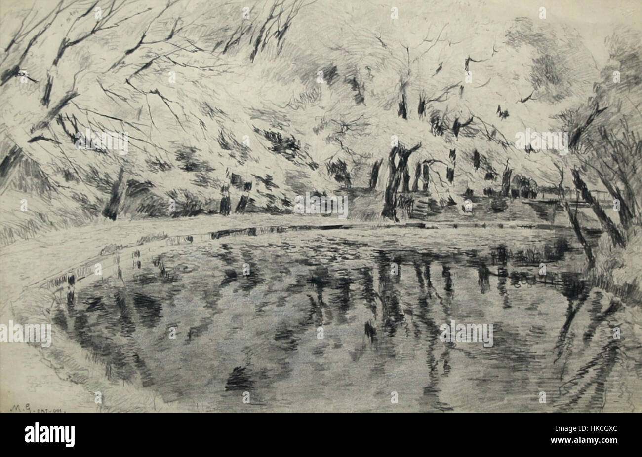 This landscape painting by Max Eduard Giese depicts Kleinhesseloher See ...