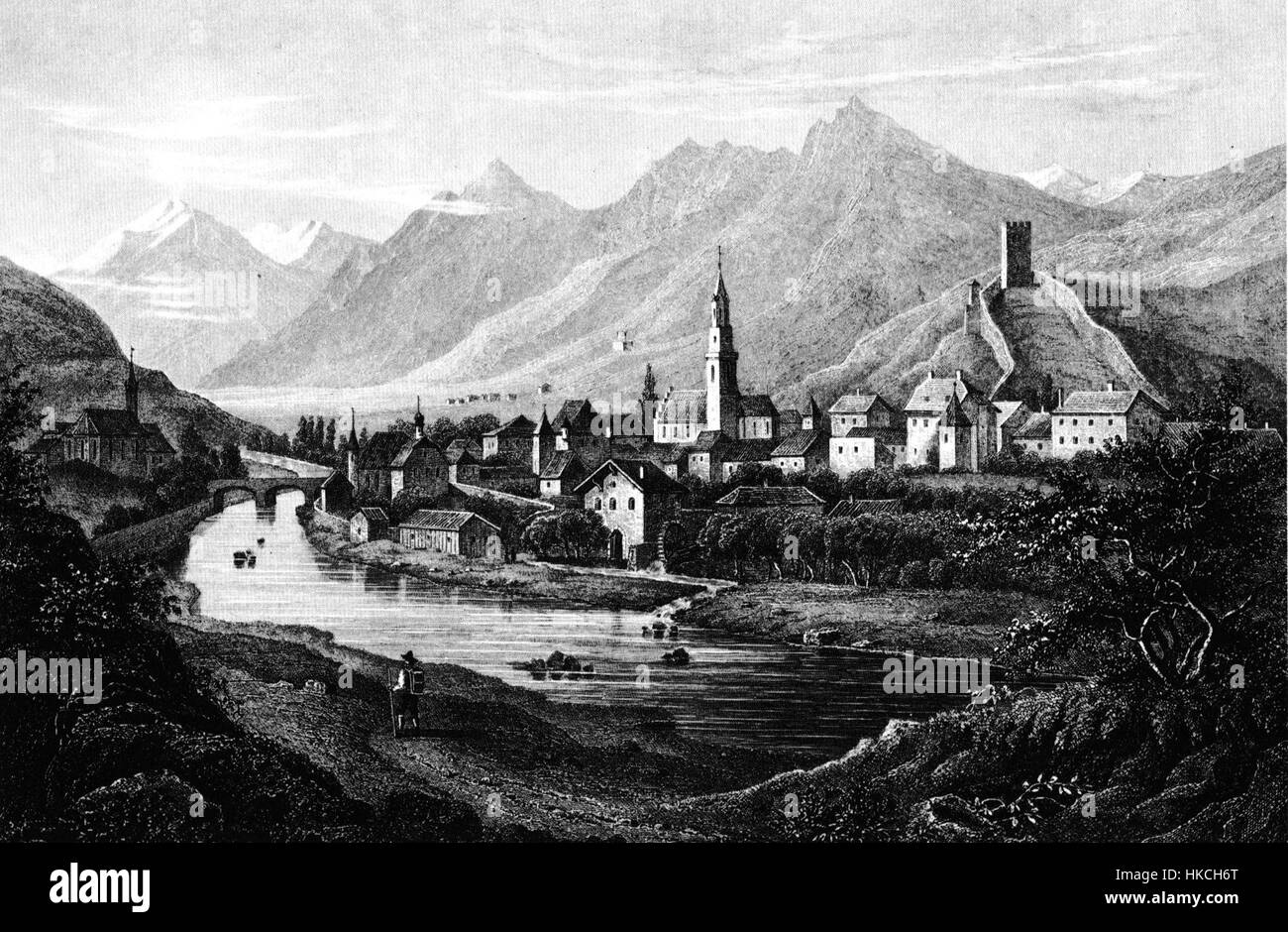 A panoramic painting of Merano from around 1850, depicting the town's ...