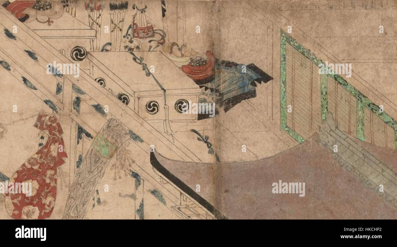 This detail from the 'Obusuma Saburo emaki' illustrates a scene of ...