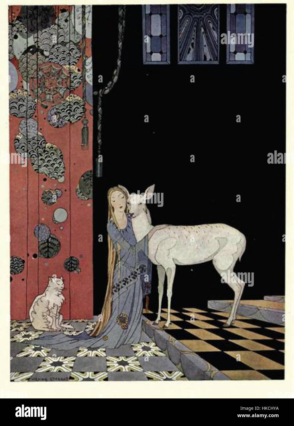 This vintage artwork illustrates a scene from traditional French fairy ...