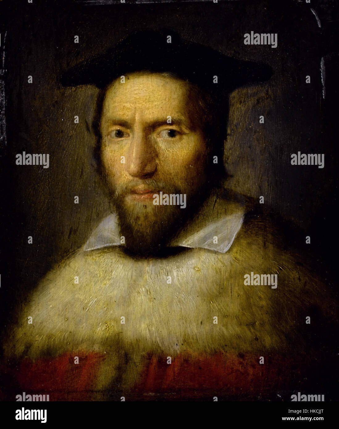A classic portrait of a bearded gentleman dressed in a red fur-trimmed ...