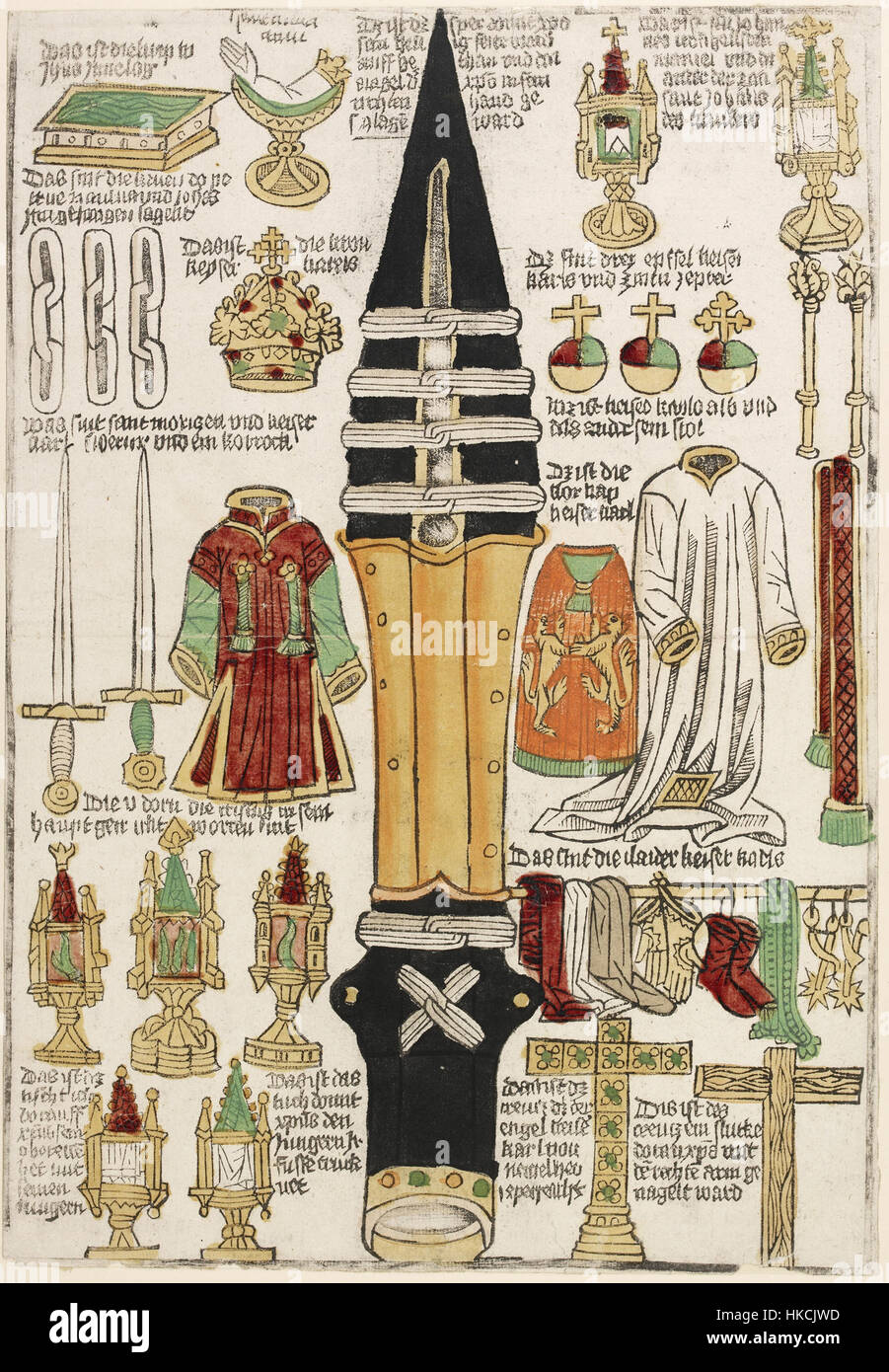 A print depicting relics from the Holy Roman Empire, showcasing objects ...