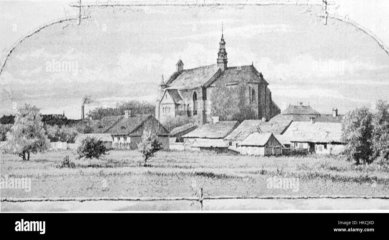 An 1883 panoramic view of the town of Proszowice in Poland, capturing ...