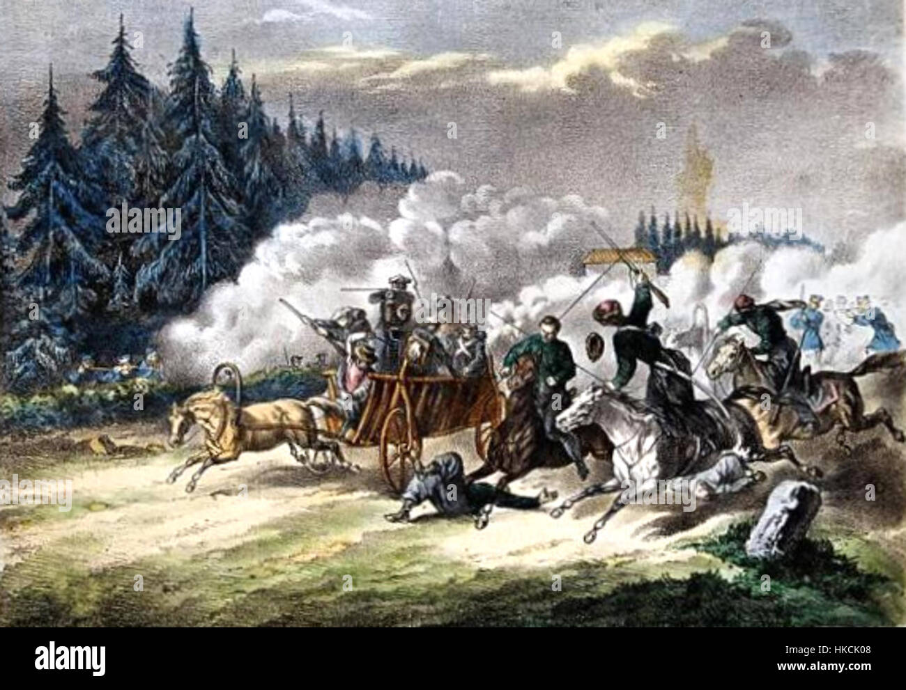 This painting depicts Polish insurgents in 1863 attacking a Russian transport during the January ...