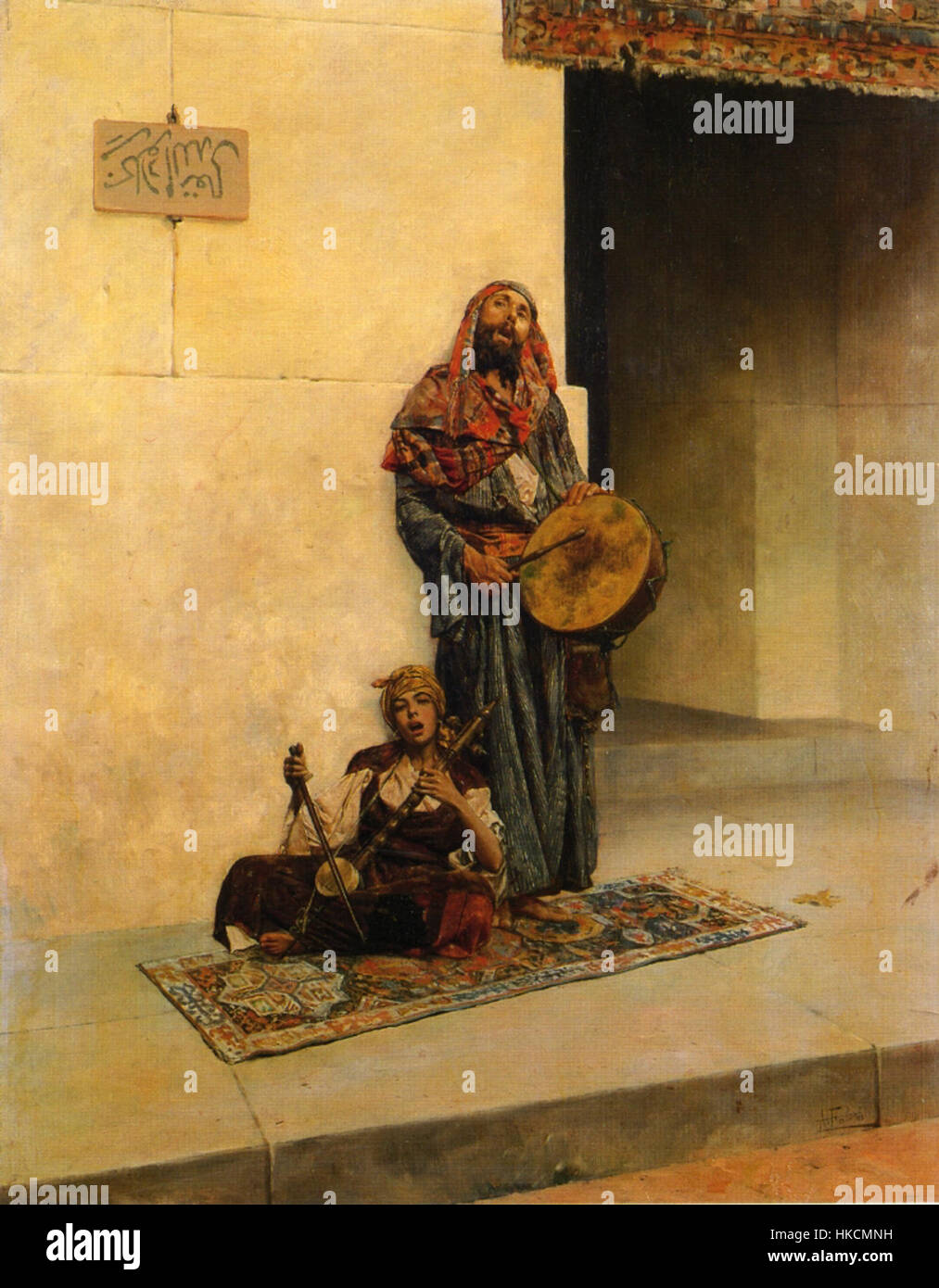A painting depicting street musicians performing in a Middle Eastern ...