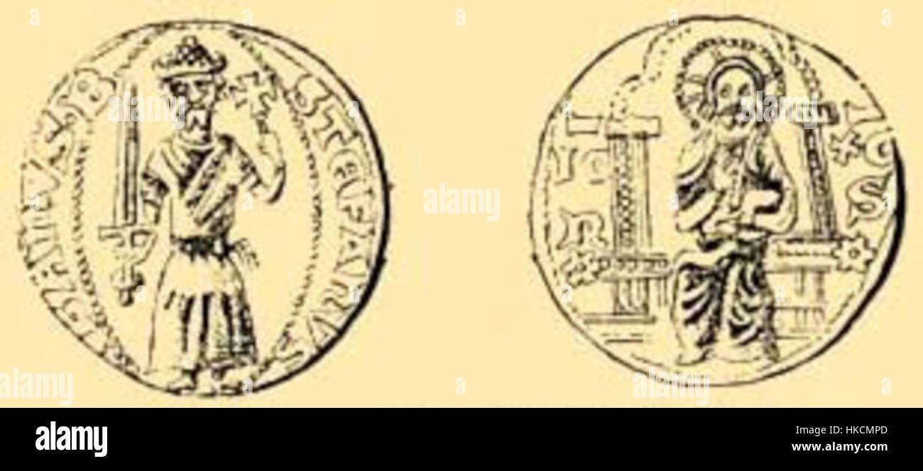 This historical portrait depicts Stephen II of Bosnia, a medieval ruler ...