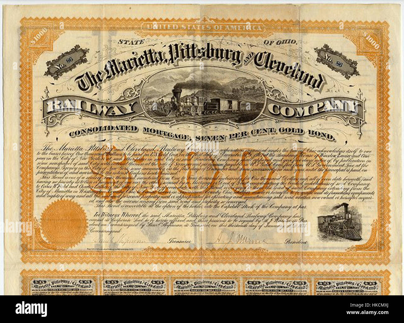 This historical document is a $1000 bond issued by the Marietta ...