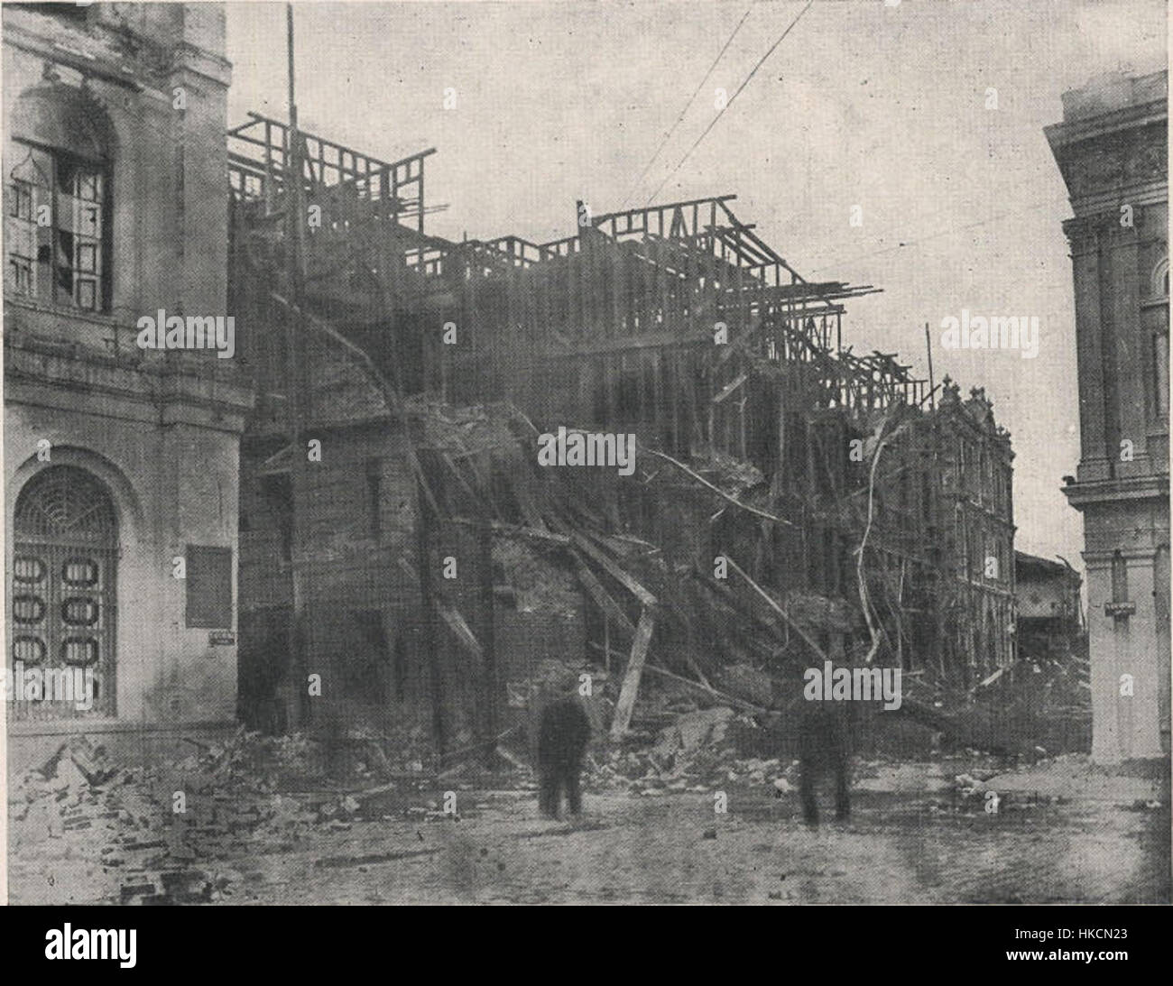A historical artwork depicting the 1906 earthquake, illustrating the ...