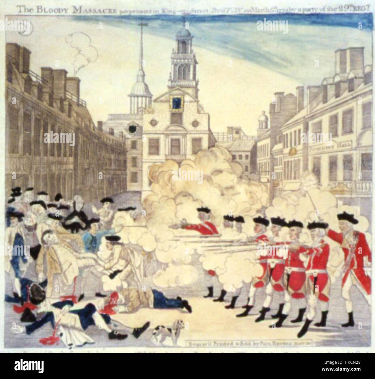 This artwork, 'The Bloody Massacre,' depicts a historical scene often ...