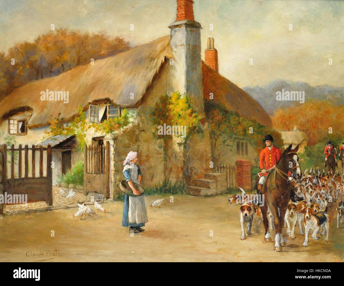 This historical painting captures a hunting scene, with figures passing ...