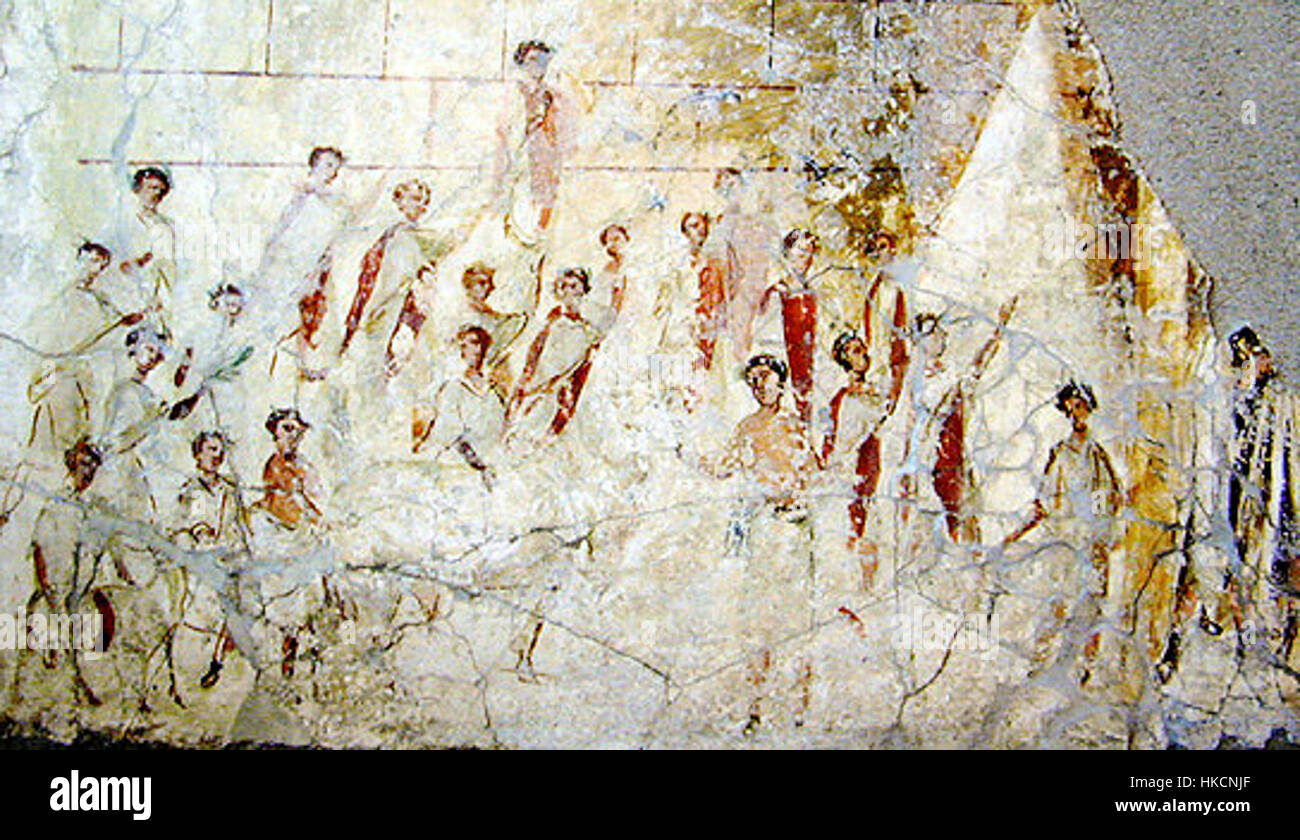 A fresco from ancient Roman times, depicting a scene from Compitalia, a ...
