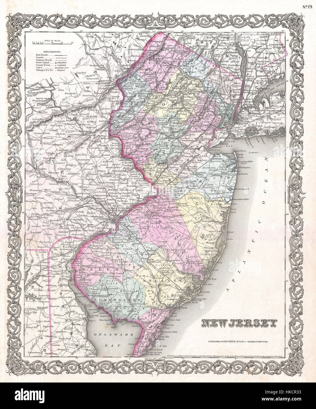 An 1855 Colton map of New Jersey, depicting the state's geographical ...