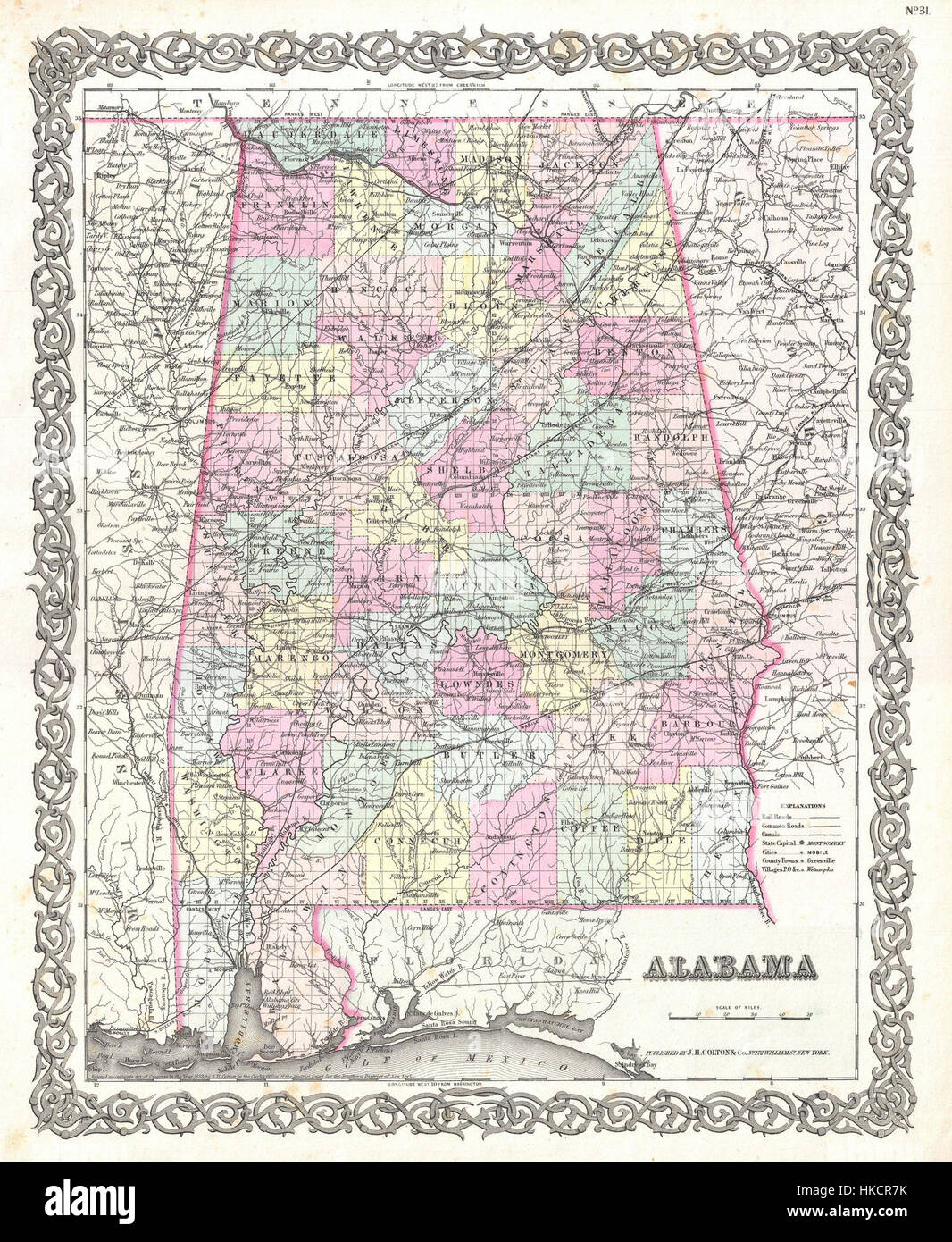 An 1855 Colton map of Alabama, showcasing the geographical boundaries ...