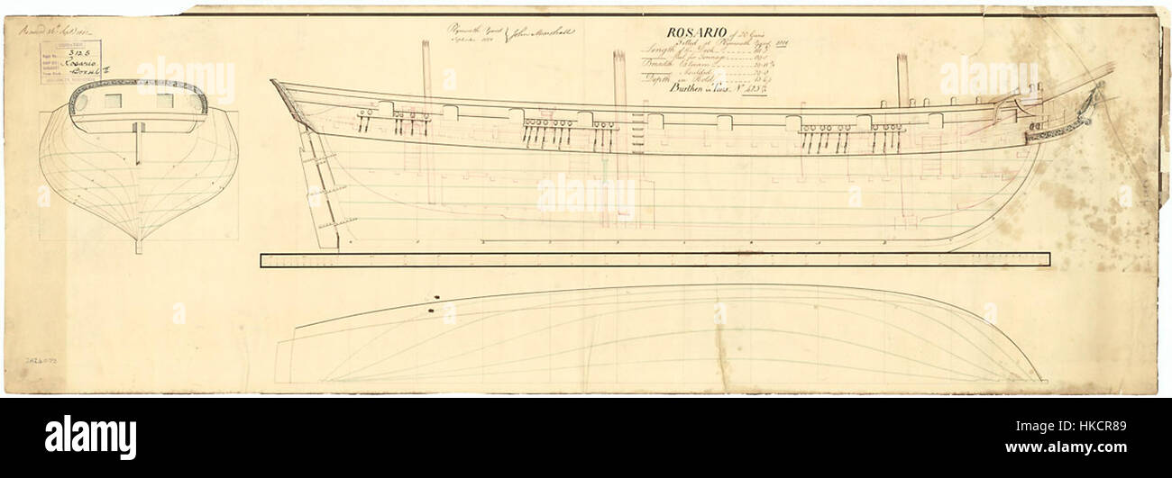 This historical plan depicts the HMS Rosario, a British warship from ...