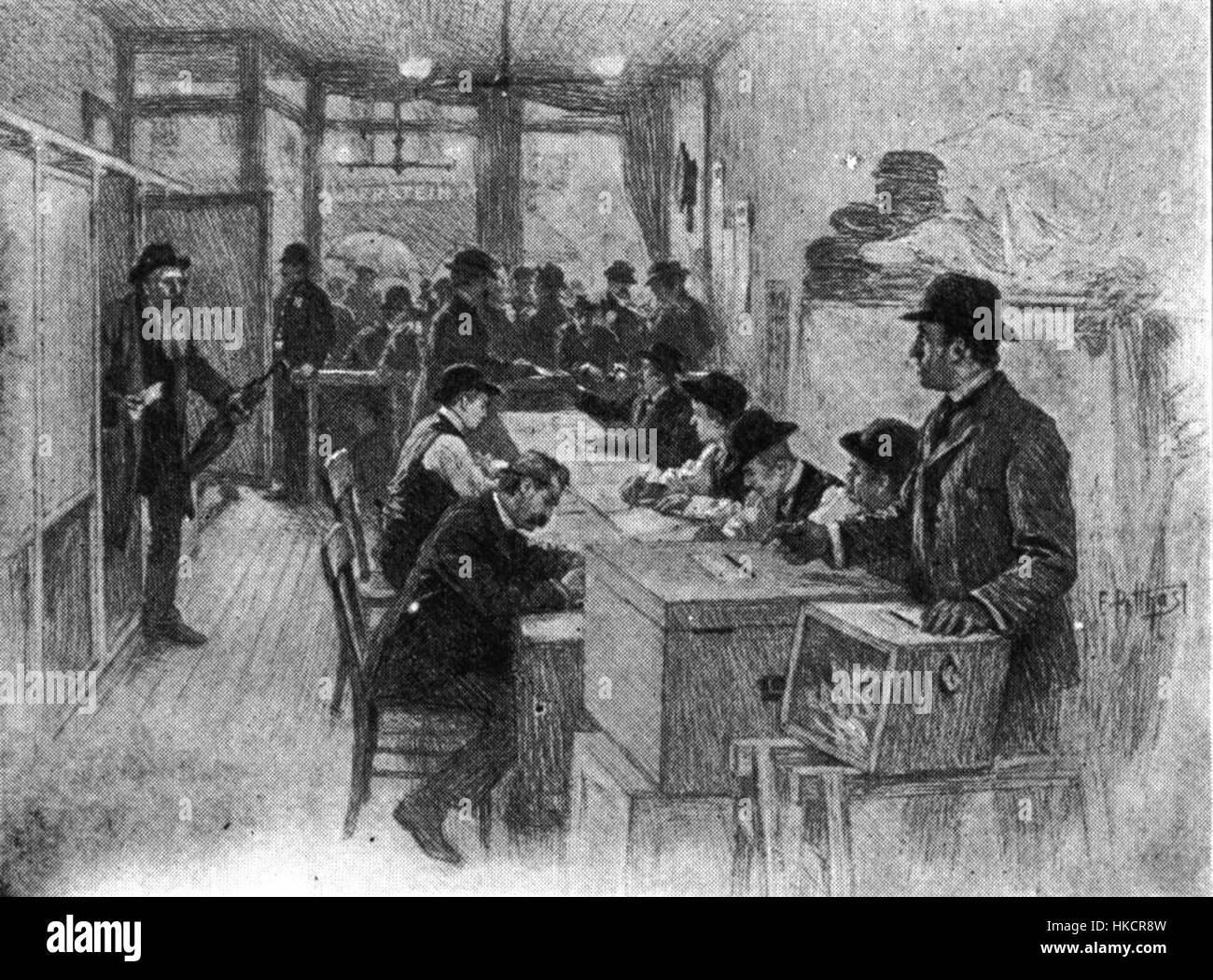 A painting from 1900 depicting a New York polling place, showcasing the ...