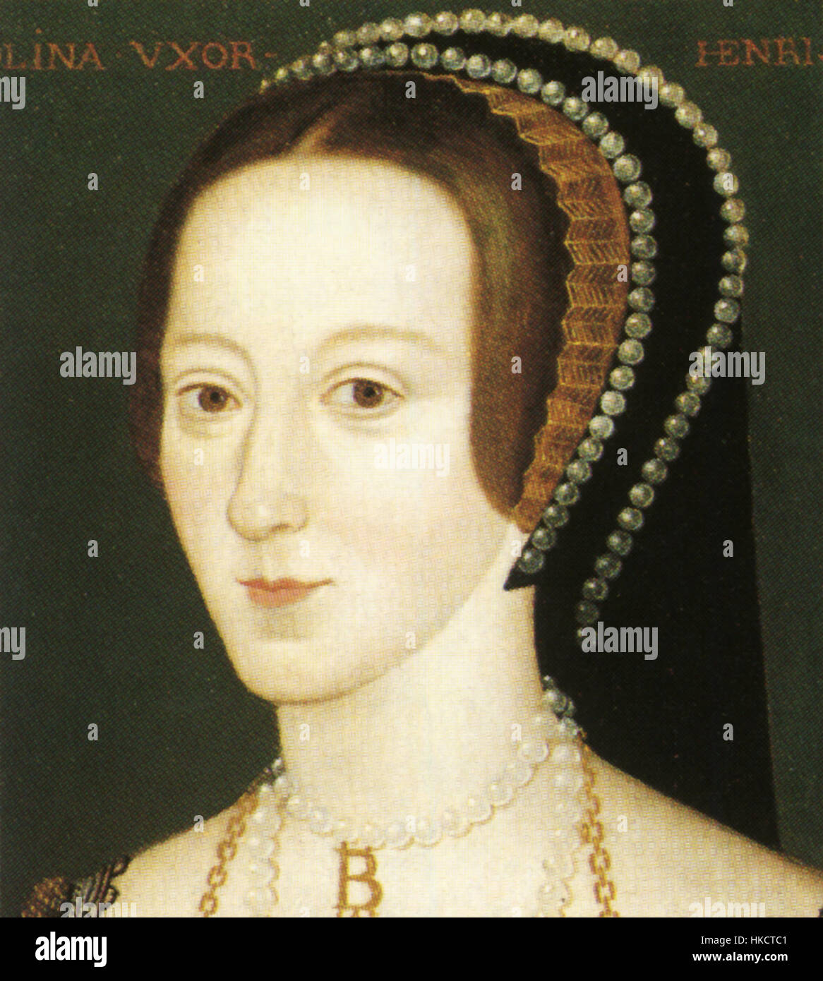This portrait of Anne Boleyn, executed in oil painting, presents a ...