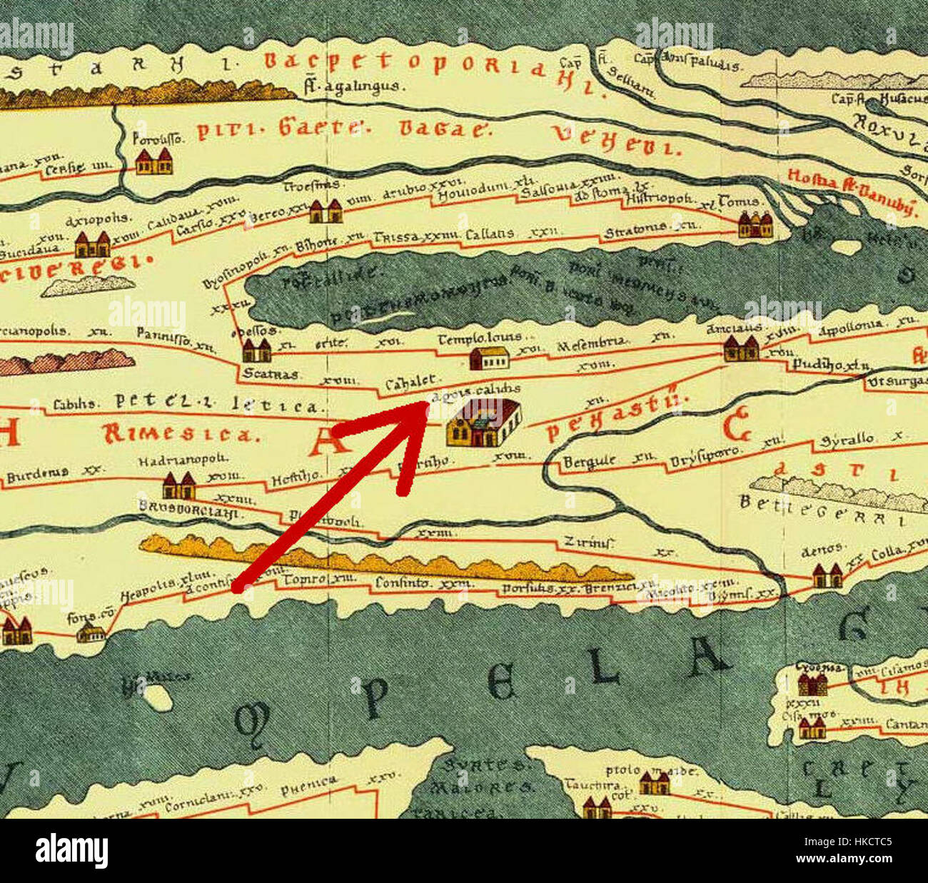 This artwork depicts the *Tabula Peutingeriana*, an ancient Roman road ...
