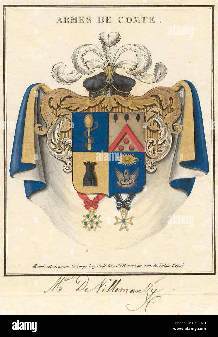 The coat of arms of the Comte de Villemanzy showcases heraldic elements ...