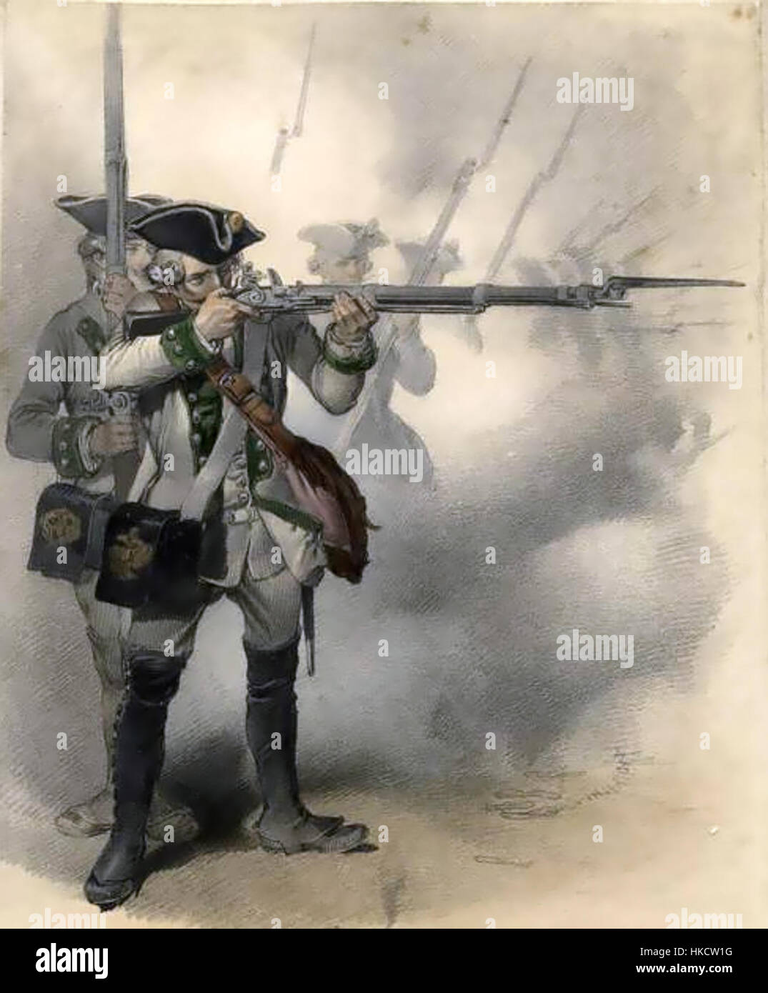 This artwork depicts Austrian infantry soldiers from the year 1740 ...