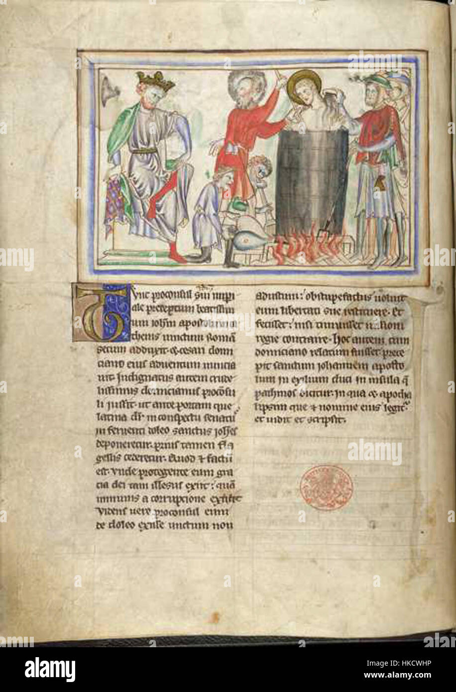 The Apocalypse manuscript, Folio 001v, features St. John in boiling oil ...