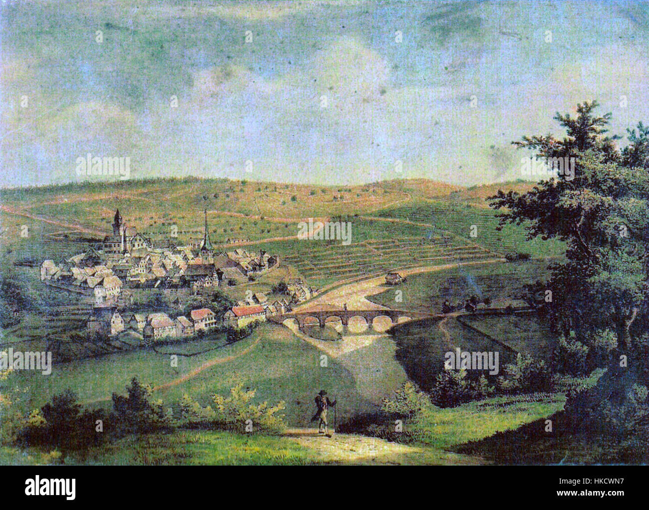 An 1840 artwork depicting an unknown scene in Neudenau, Germany. The ...