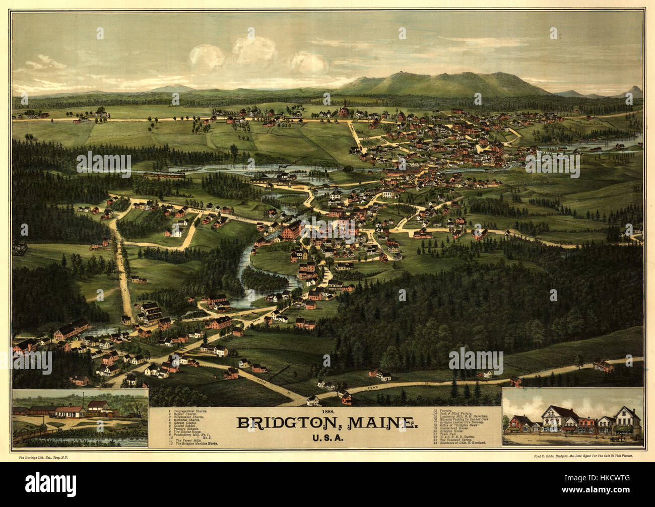 A 1888 bird’s-eye view of Bridgton, Maine, offering a detailed ...