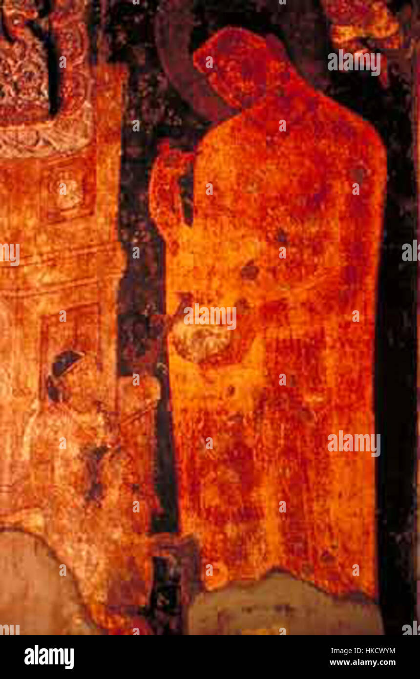 This painting depicts Buddha with his wife and son, offering a serene ...