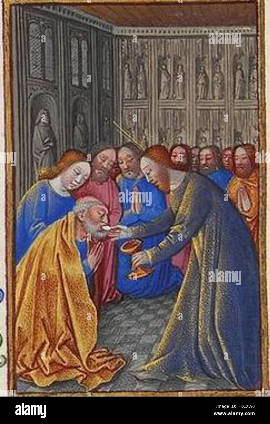 This detailed image from a medieval manuscript depicts the 'Communion ...