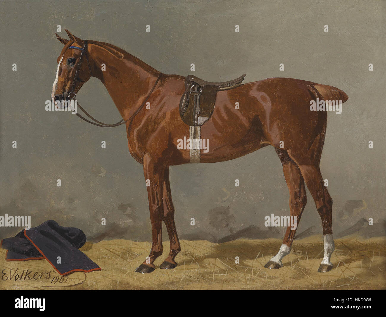 Emil Volkers’ 1901 painting 'Brauner Gesattelt Im Stall' portrays a ...