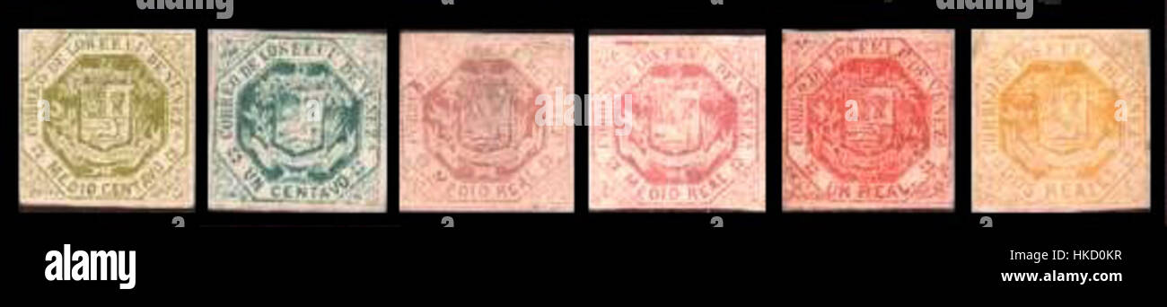 The 1866 Venezuelan stamp features the national coat of arms ...