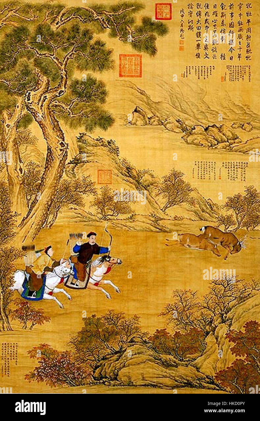 A painting of Emperor Qianlong engaging in a deer hunt, illustrating ...