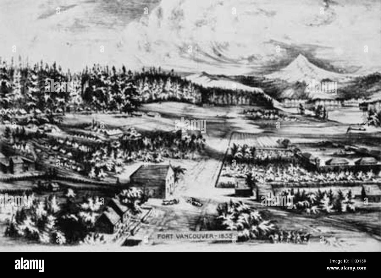 This 1855 illustration of Fort Vancouver, created by Covington, depicts ...
