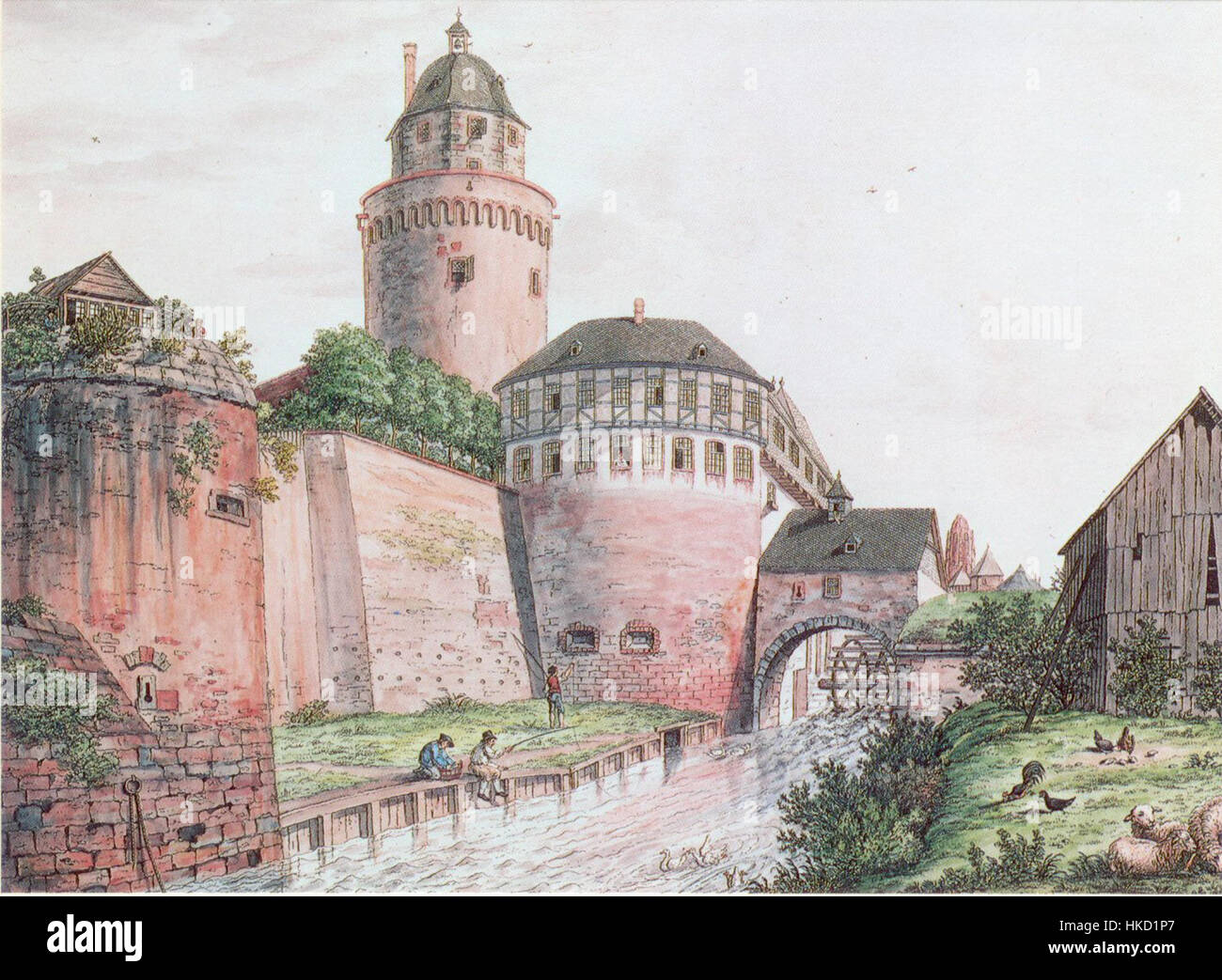 This painting depicts the Mainzer Bollwerk in Frankfurt, Germany, an ...