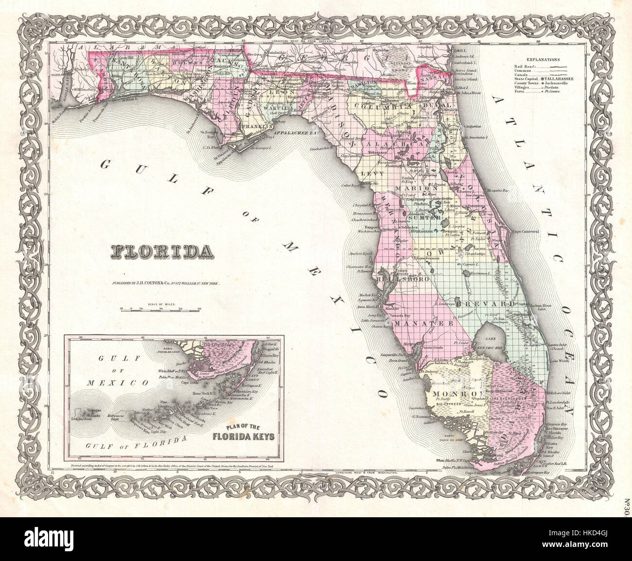 This 1855 map of Florida by Colton offers a detailed view of the state ...