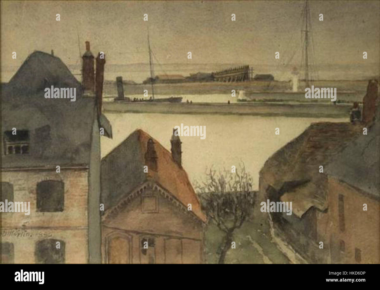 An oil painting titled 'Martin Harbour,' capturing a serene maritime ...