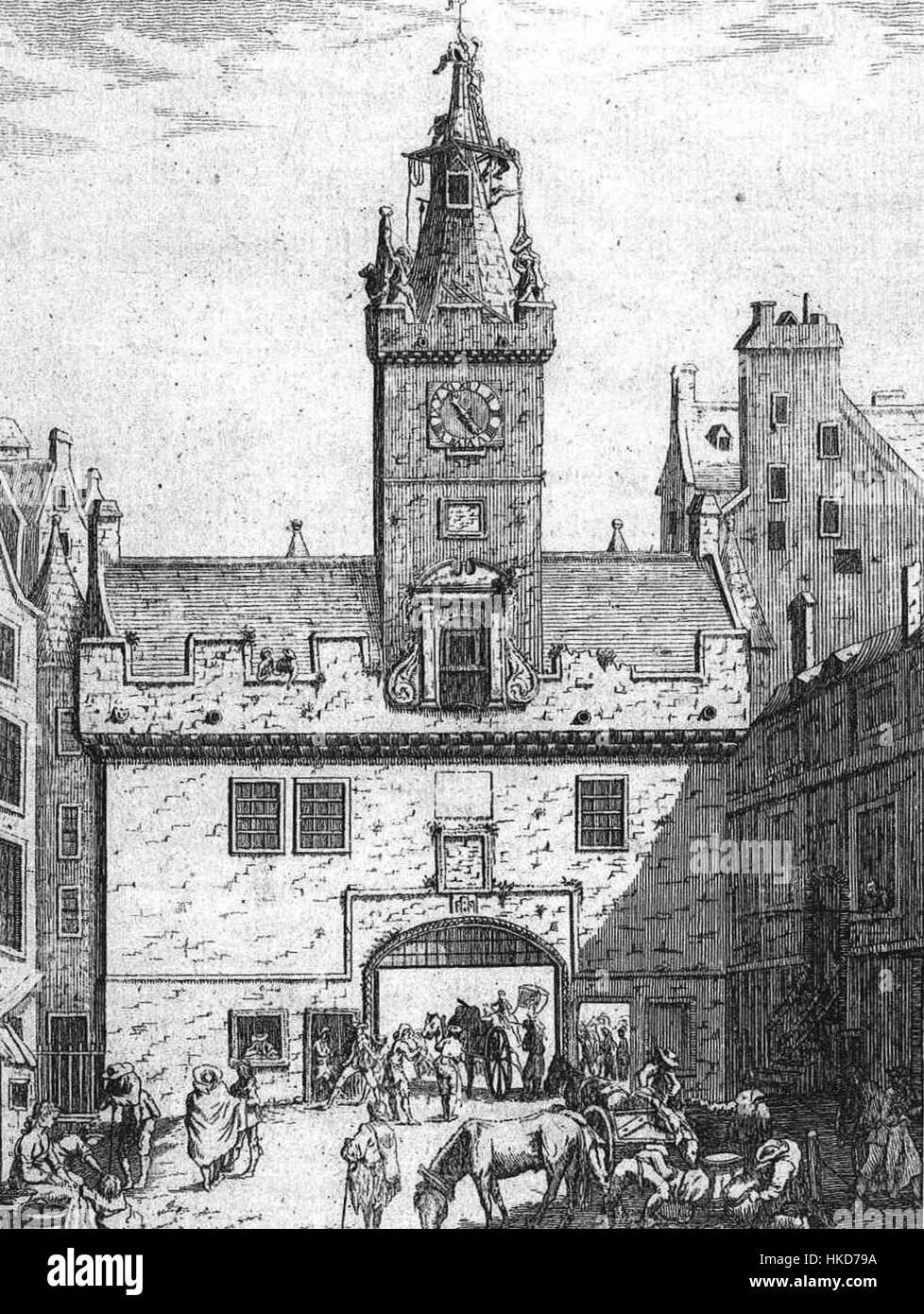 This historic painting titled 'Netherbow W' depicts a scene from ...