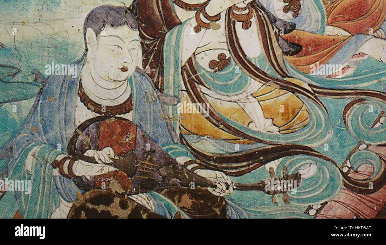 This artwork depicts a pipa player from the Dunhuang caves, capturing ...