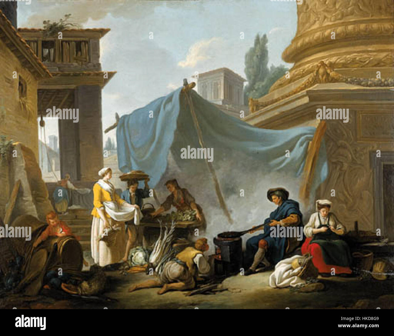 This painting by Pierre depicts a bustling Roman marketplace scene ...