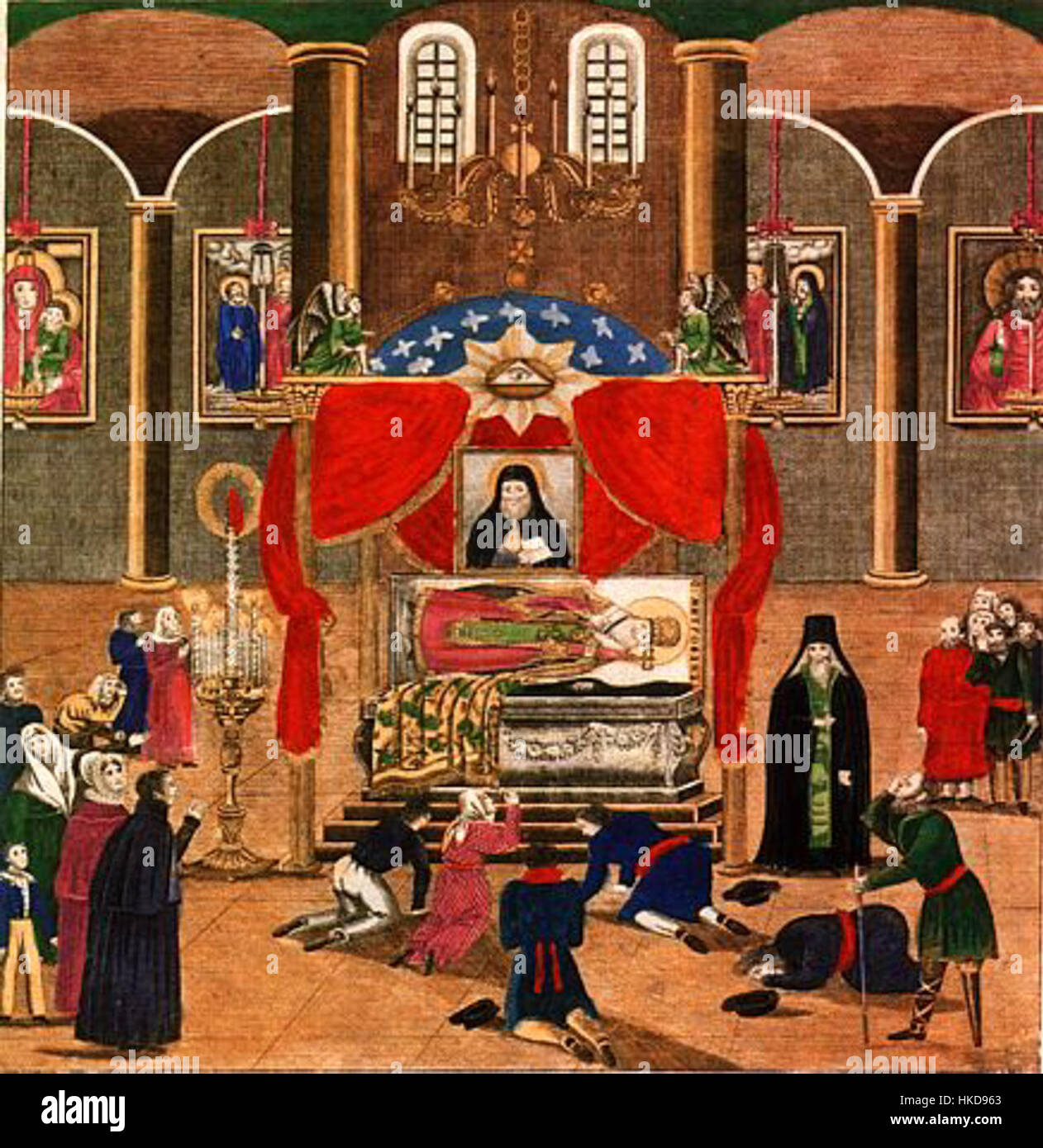 A painting showcasing the relics of Saint Mitrophan of Voronezh, a ...